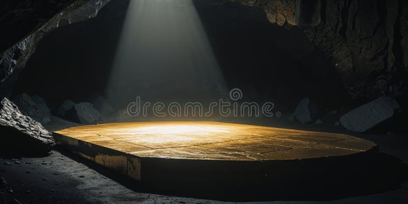 Golden Stone Platform in Dark Cave Illuminated by Spotlight. Stock ...