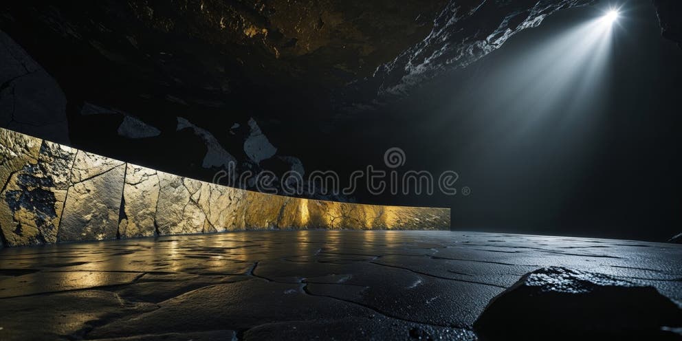 Golden Stone Platform in Dark Cave Illuminated by Spotlight Stock Photo ...