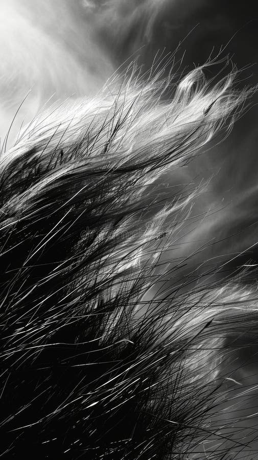 Golden Strands Caught Up in the Tempestuous Winds. Black and White Art ...