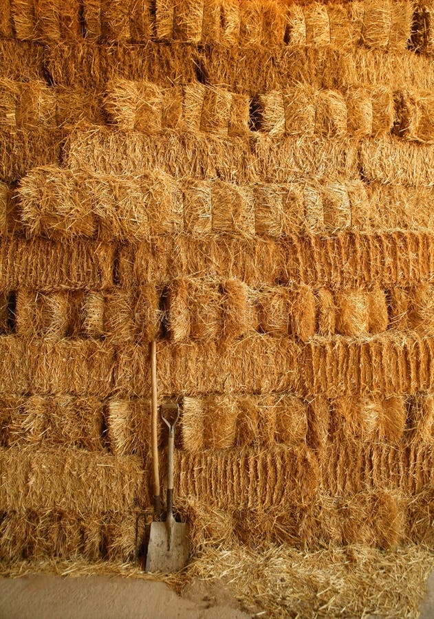Golden Straw Bales Wall and Tools Stock Image - Image of agricultural ...