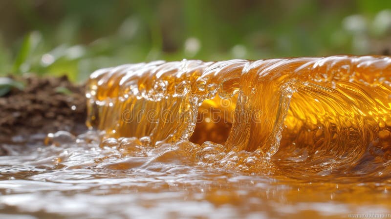Golden Stream Flowing Over Brown Earth Close Up Stock Photo - Image of ...