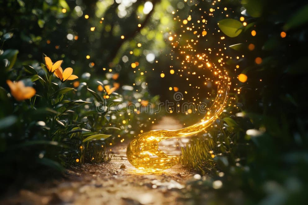 Golden Stream Flows through a Forest Path with Magical Sparkles Around ...