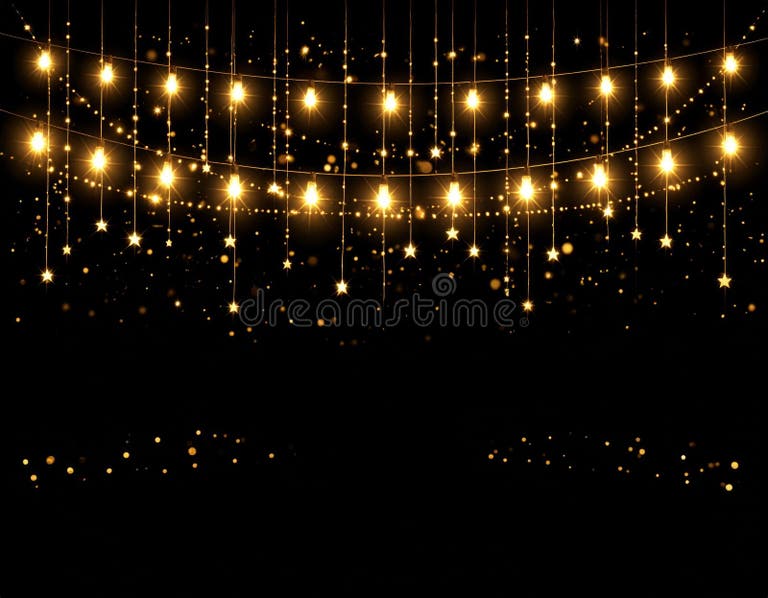 Golden String Lights on Black Background Stock Illustration ...