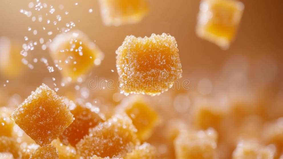 Golden Sugar Candy Cubes Falling on Amber Background Stock Illustration ...