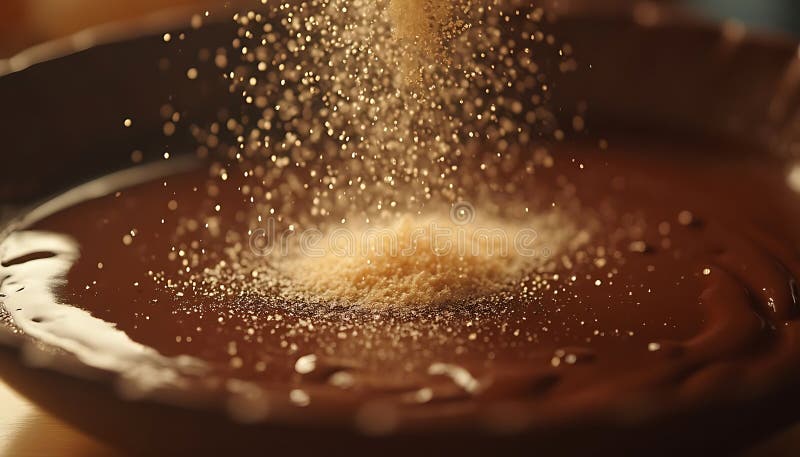 Golden Sugar Granules Falling Onto Melted Chocolate Glazing in a Baking ...