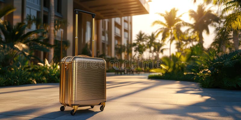 Golden Suitcase in Tropical Setting: a Gold-colored Suitcase with ...