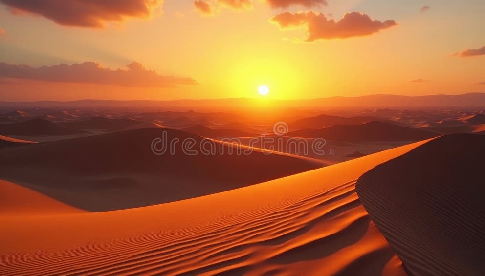 Golden Sun Dips Below Horizon, Casting Long Shadows on Dune Crests, Sky ...