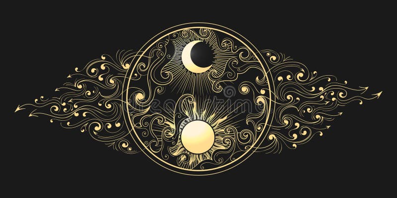 Golden Sun and Moon Esoteric Illustration Isolated on Black Stock ...