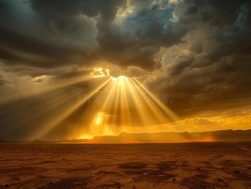 Golden Sun Rays Breaking through Stormy Clouds Over Desert Landscape ...