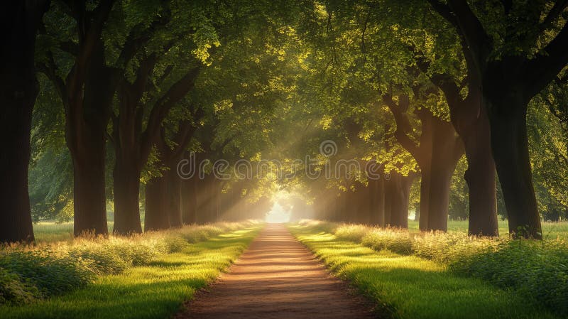 Golden Sun Rays through Dense Tree Lined Pathway in Early Morning Stock ...