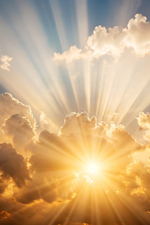 Golden Sun Rays Illuminating White Clouds in a Serene Sky at Sunset ...