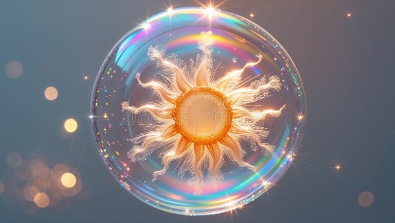 Golden Sun Shining Inside a Soap Bubble with Rainbow Reflections and ...