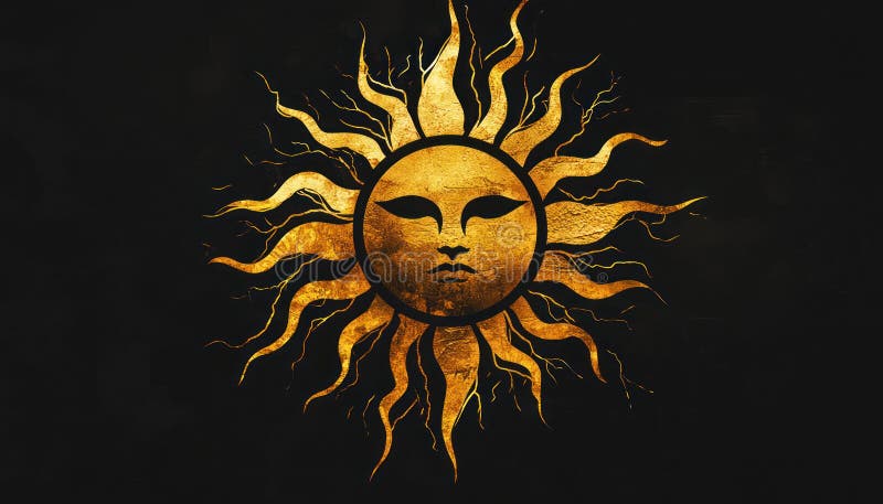 Golden Sun Symbol with Stylized Rays and Face, Representing Energy and ...
