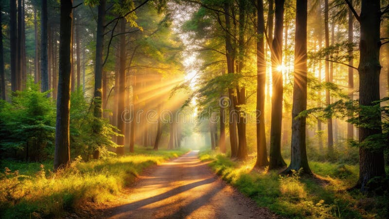 Golden Sunbeams Illuminating a Forest Path at Dawn. Generative AI Stock ...