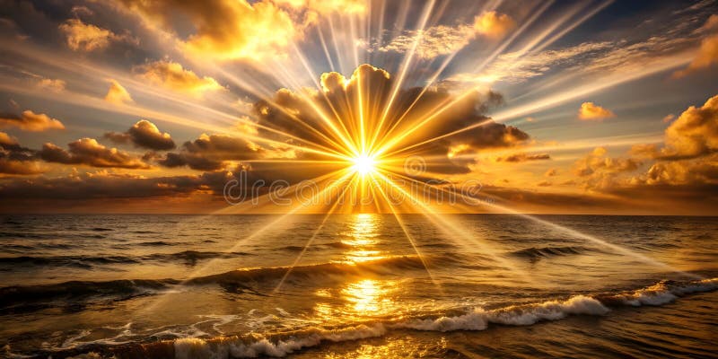 Golden Sunburst Over the Ocean, Stylized and Dramatic Composition Stock ...
