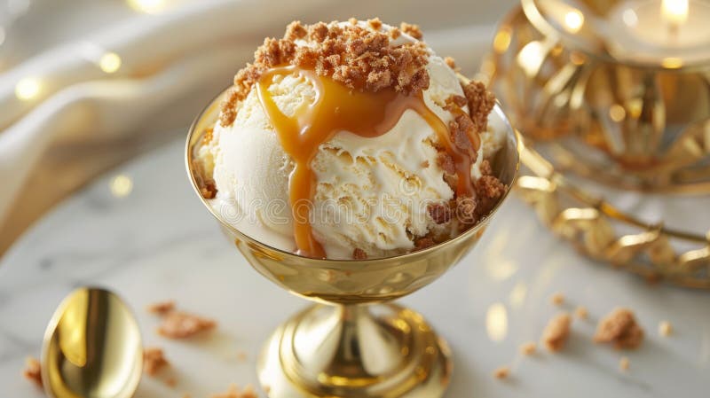 Golden Sundae Bowl with Caramel Drizzle and Cookie Crumbles Stock Image ...