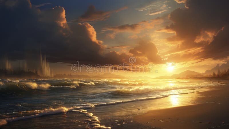 Golden Sundown on the Beach with Lots of Sun Rays in the Dramatic Sky ...