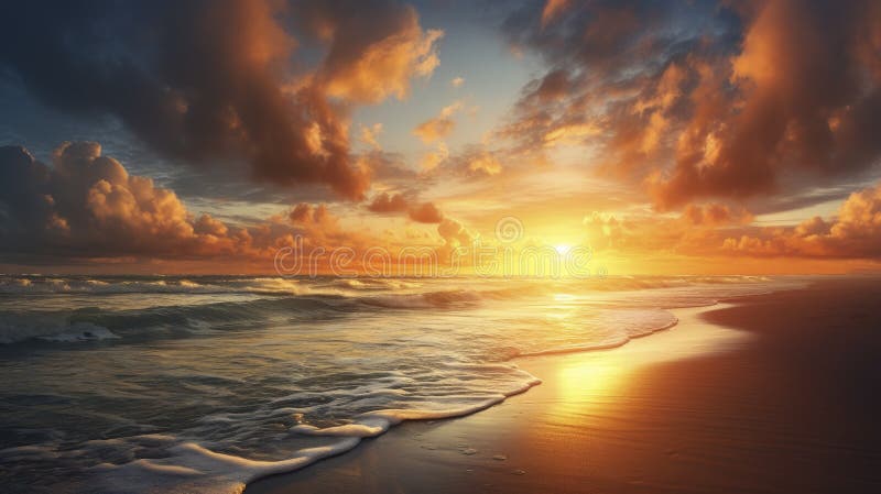 Golden Sundown on the Beach with Lots of Sun Rays in the Dramatic Sky ...