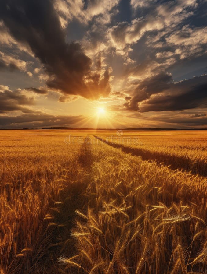 Golden Sundown on the Field with Lots of Sun Rays in the Dramatic Sky ...