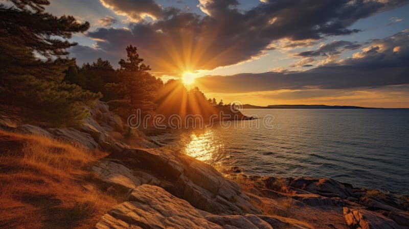 Golden Sundown on the Island with Lots of Sun Rays in the Dramatic Sky ...