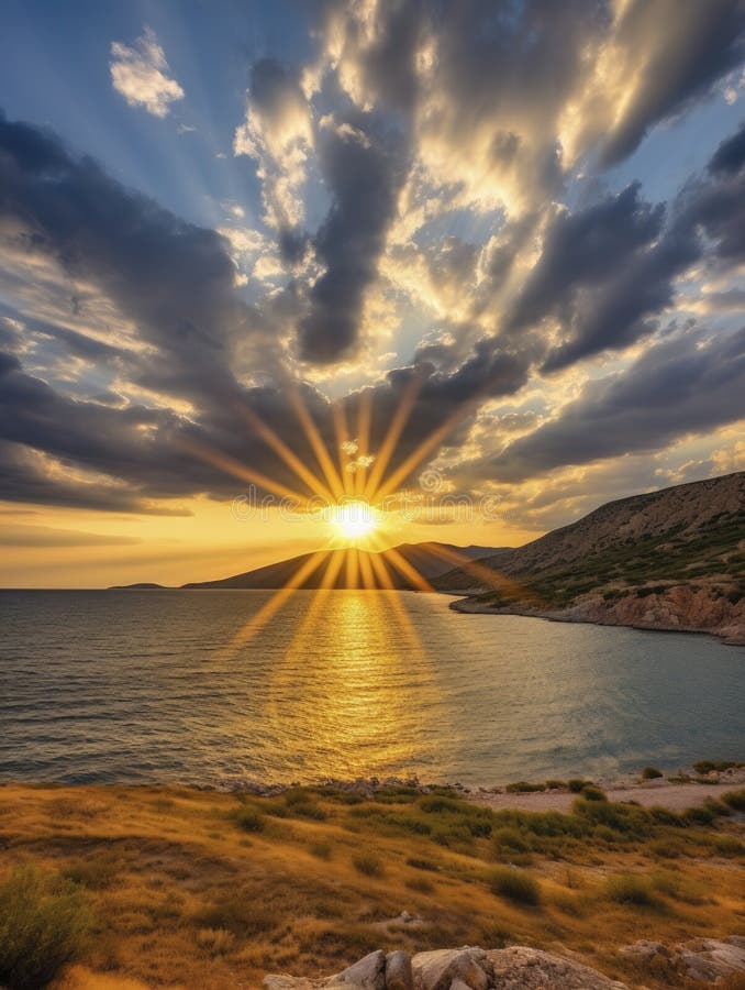 Golden Sundown on the Island with Lots of Sun Rays in the Dramatic Sky ...