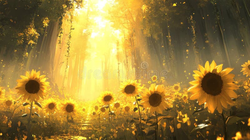 Golden Sunflowers in a Magical Forest Path Stock Illustration ...