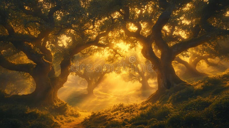 Golden Sunlight through Ancient Forest Trees Stock Illustration ...