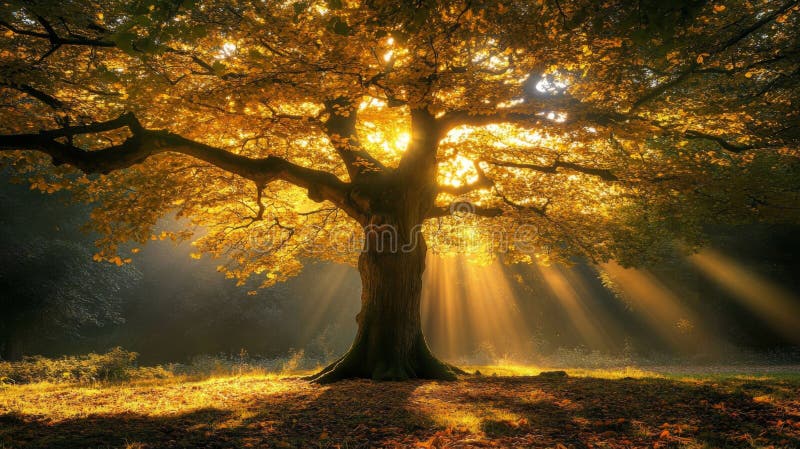 Golden Sunlight through Autumn Leaves Illuminating a Forest Tree Stock ...