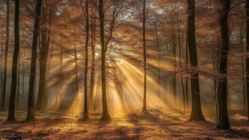 Golden Sunlight Beams through Autumn Forest Trees Stock Illustration ...