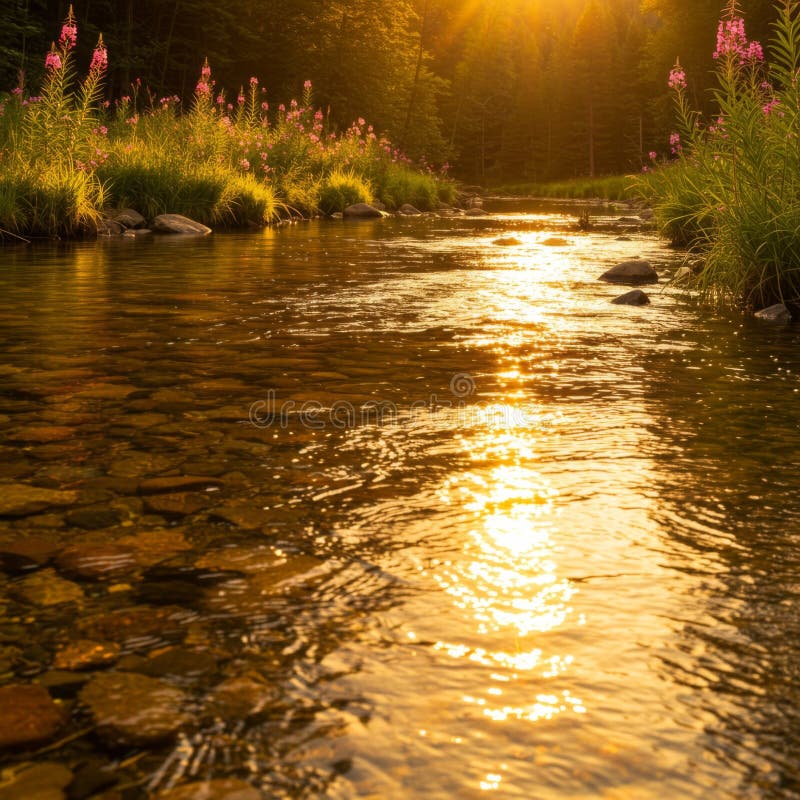 Golden Sunlight on a Calm River at Sunset Stock Illustration ...