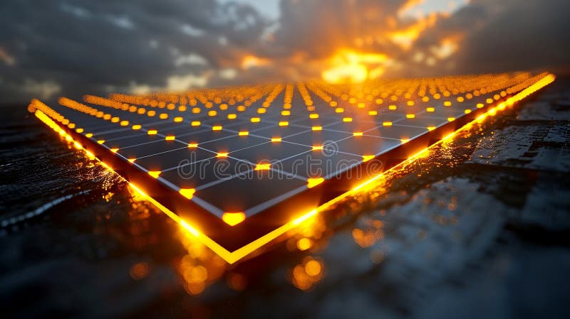 Sunset Reflection on Vibrant Solar Panels Glimmering in Serene Waters ...