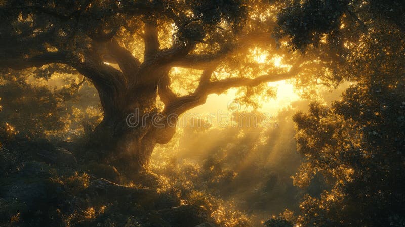 Golden Sunlight through Enchanted Forest Tree Stock Illustration ...