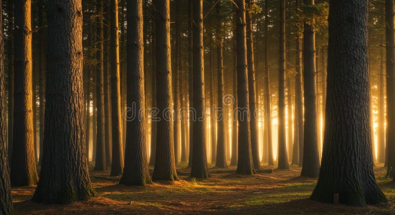 Golden Sunlight Filtering through Tall Pine Trees in a Forest Stock ...