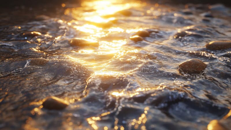 Golden Sunlight Gleaming on River Rocks and Water Stock Illustration ...