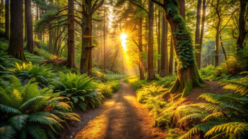 Golden Sunlight Illuminates a Forest Path through Lush Greenery ...