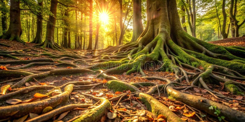Golden Sunlight Illuminates a Forest Path Winding through Exposed Tree ...