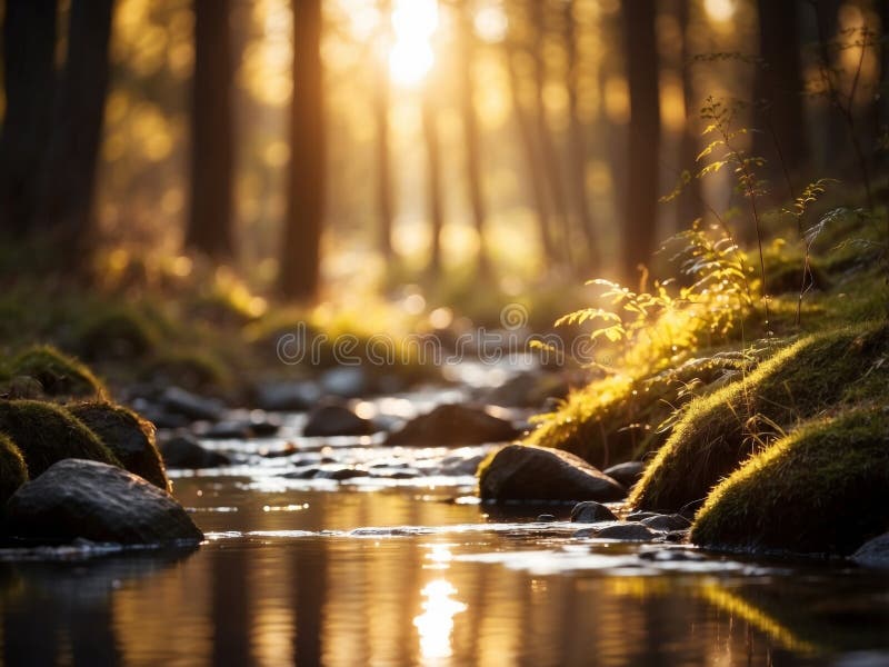 Golden Sunlight Illuminates a Forest Stream. Stock Image - Image of ...
