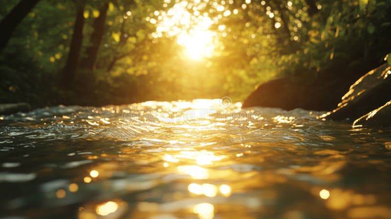Golden Sunlight Illuminates Forest Stream Water Stock Illustration ...