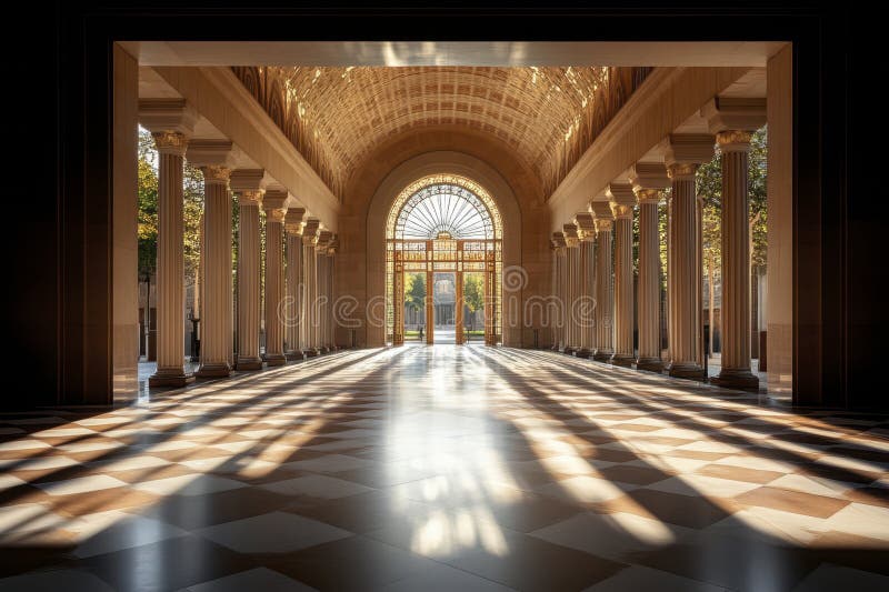 Golden Sunlight Illuminates the Grand Hall Featuring Classical Arches ...