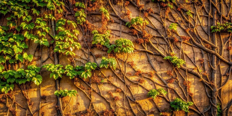 Golden Sunlight Illuminates Lush Green Vines Climbing Rustic Wall ...