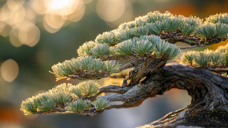 Golden Sunlight Illuminates a Miniature Bonsai Pine Tree Stock ...