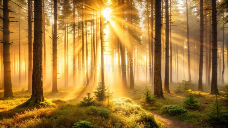 Golden Sunlight Illuminates a Misty Forest Path at Dawn. Generative AI ...