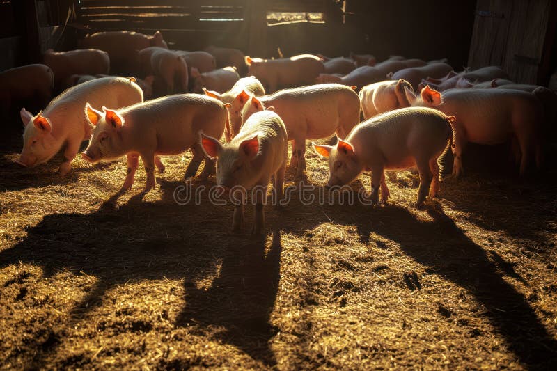 Warm Sunlight Casting Shadows Over Pigs Feeding in Pen Stock Photo ...