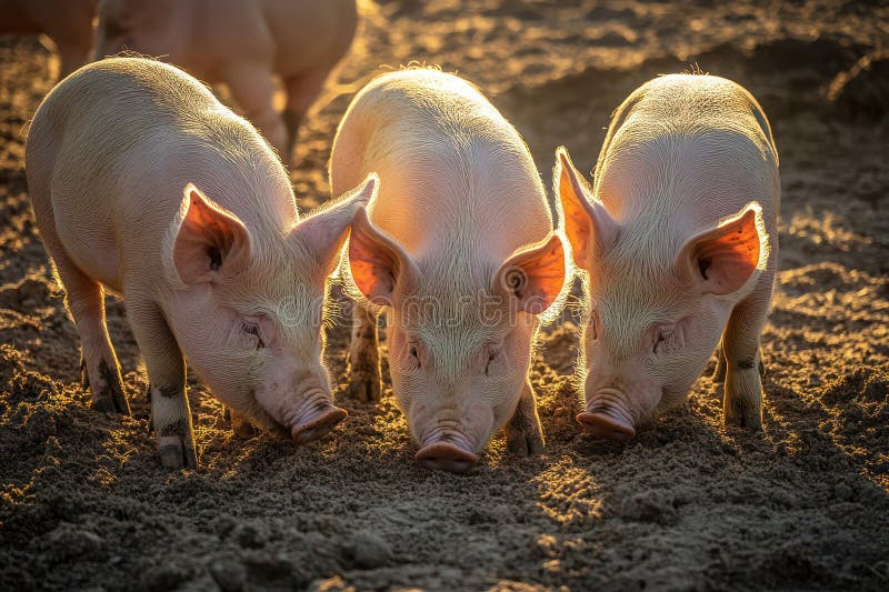 Warm Sunlight Casting Shadows Over Pigs Feeding in Pen Stock Photo ...