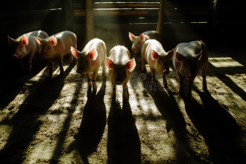 Warm Sunlight Casting Shadows Over Pigs Feeding in Pen Stock Photo ...