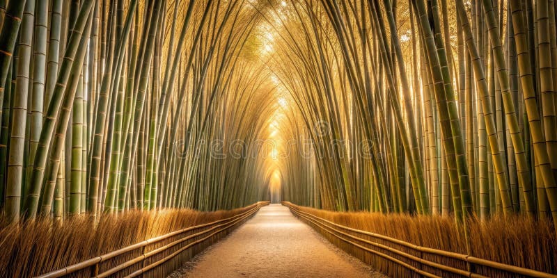 Golden Sunlight Illuminates a Serene Path through a Dense Bamboo Forest ...