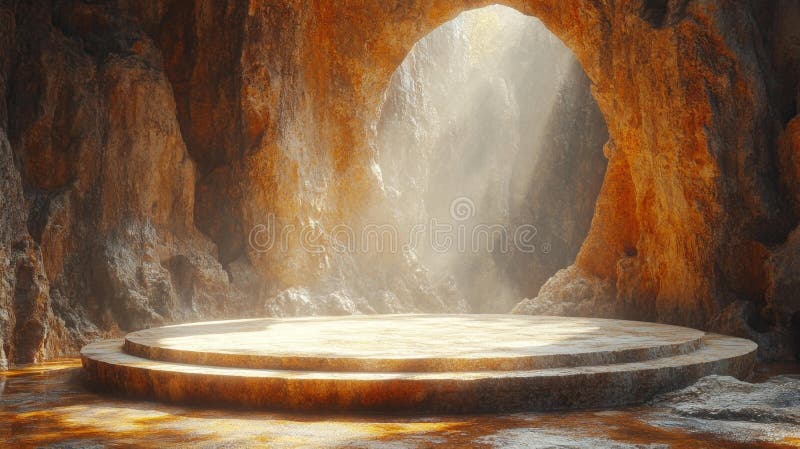 Golden Sunlight Illuminating Ancient Stone Platform in Cave Stock ...