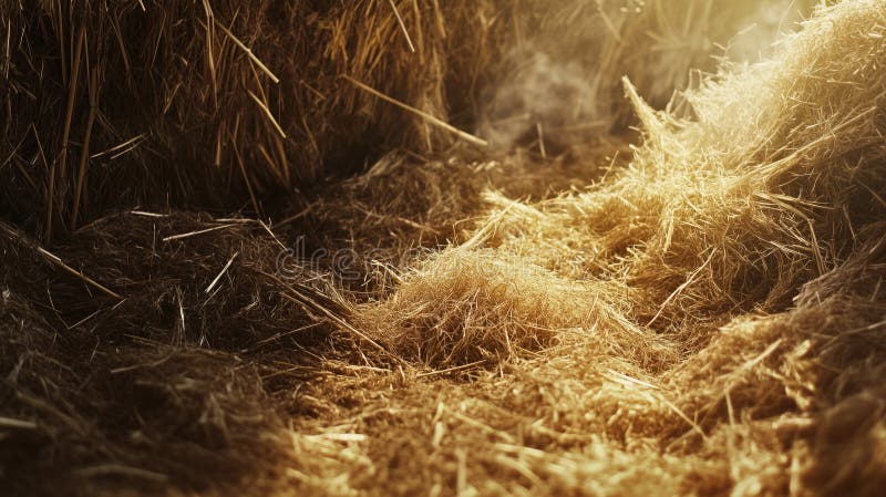 Golden Sunlight Illuminating Dry Haystacks in a Barn Setting Stock ...