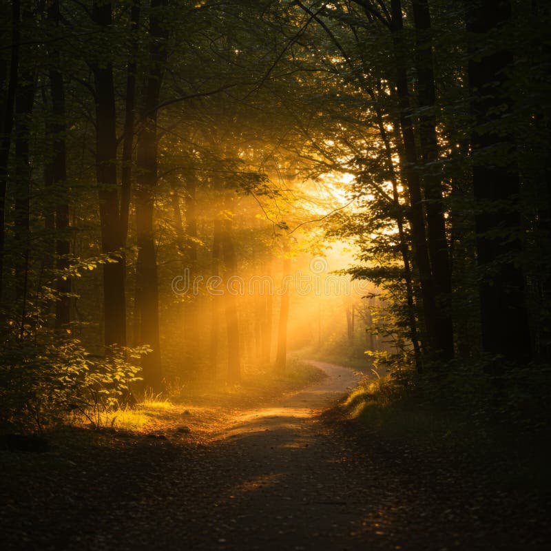 Golden Sunlight Illuminating Forest Path Stock Illustration ...