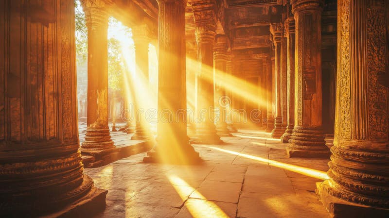 Golden Sunlight Illuminating Stone Columns in an Ancient Temple Stock ...